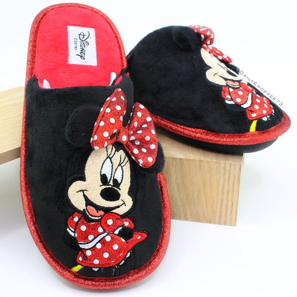 Disney | Shoes | Red Glitter And Black Velveteen Minnie Mouse Slippers ...